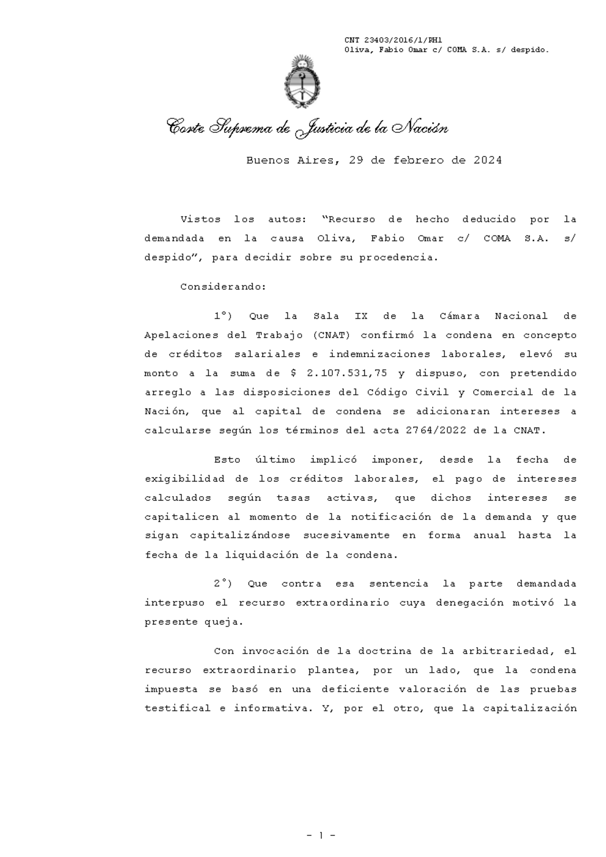 Fallo CNT 023403 2016 1 RH001 - CNT 23403/2016/1/RH1 Oliva, Fabio Omar ...
