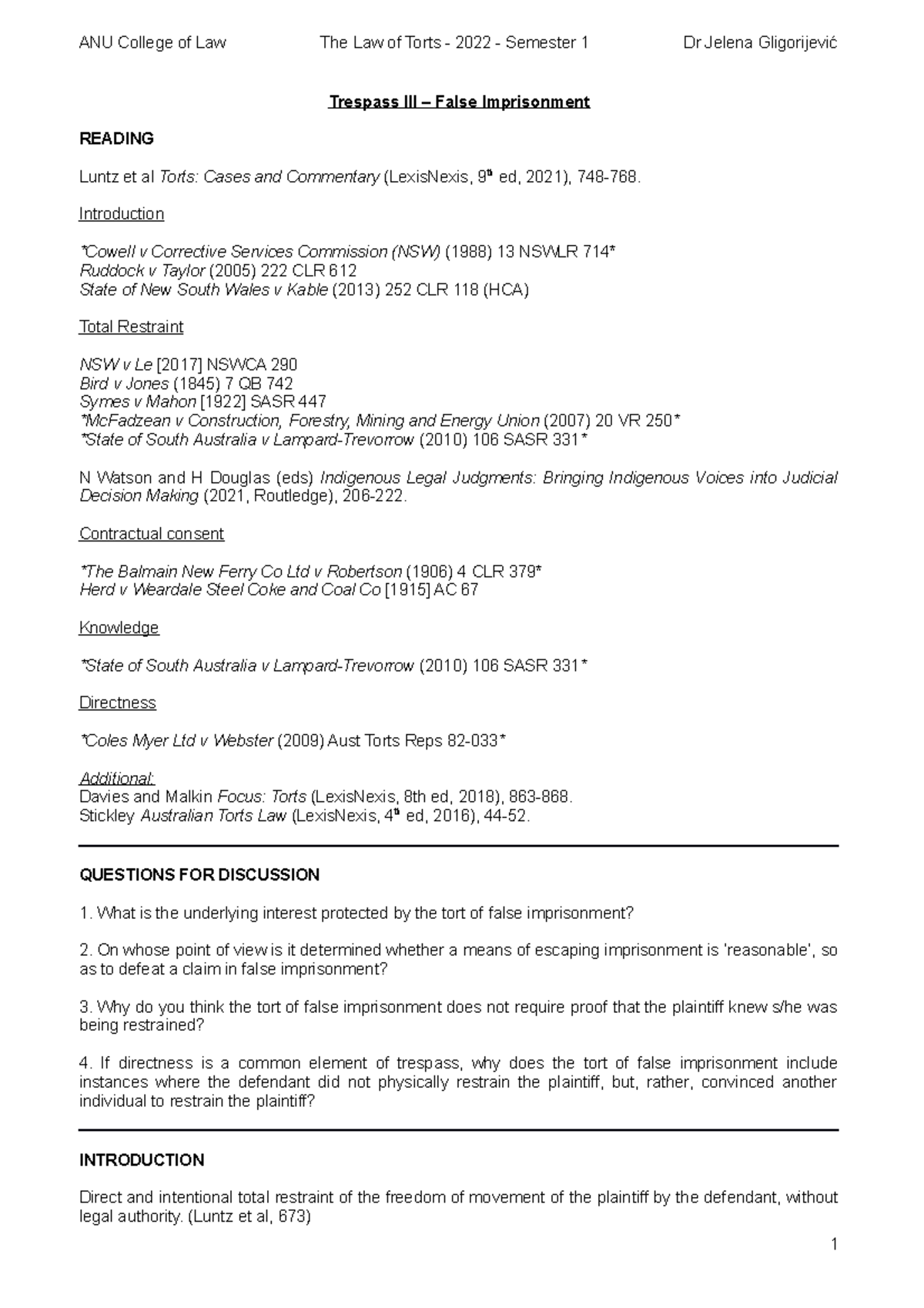 Torts 2022 - Trespass III – False Imprisonment - outline (Gligorijevic ...