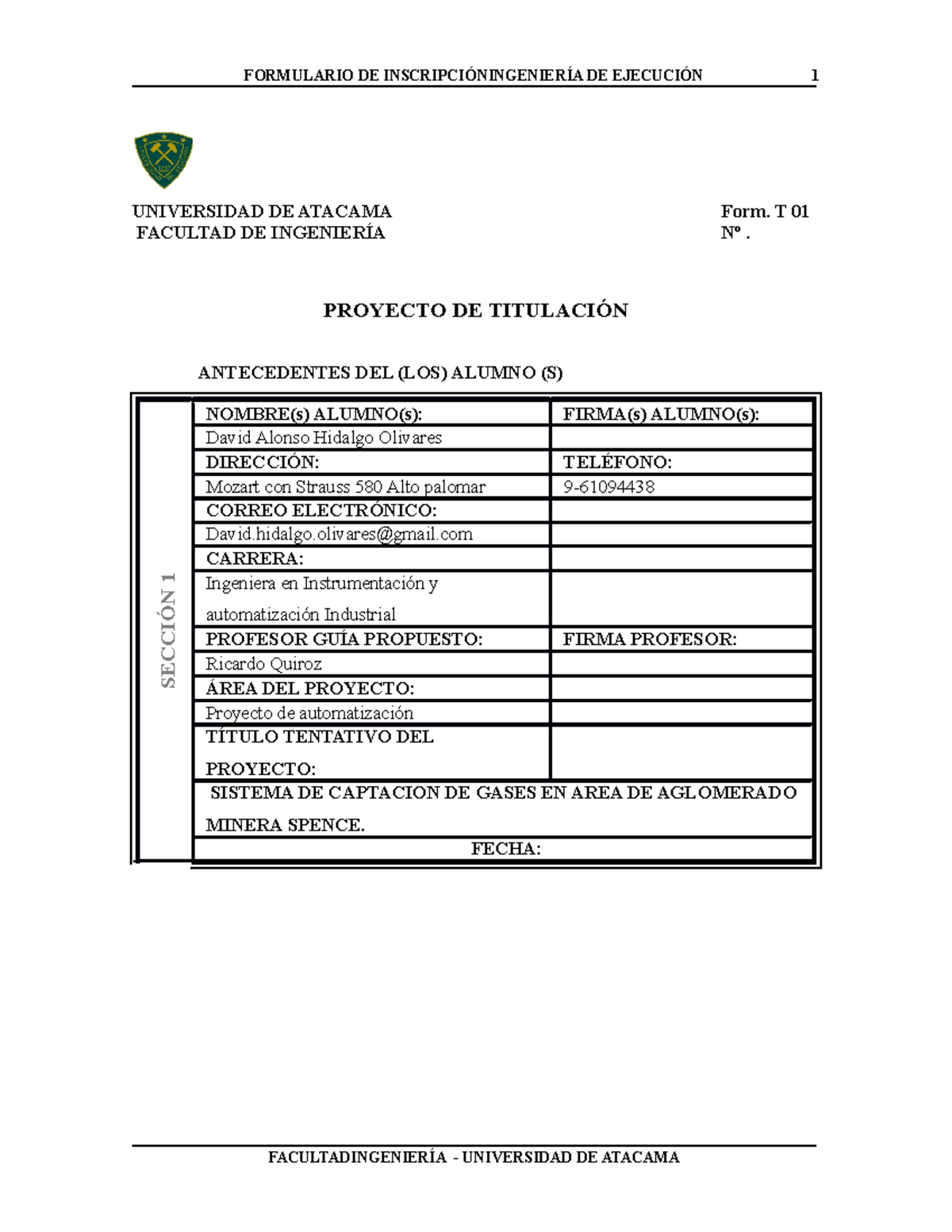 Anteproyecto - Lavadores de gasese - UNIVERSIDAD DE ATACAMA Form. T 01 ...
