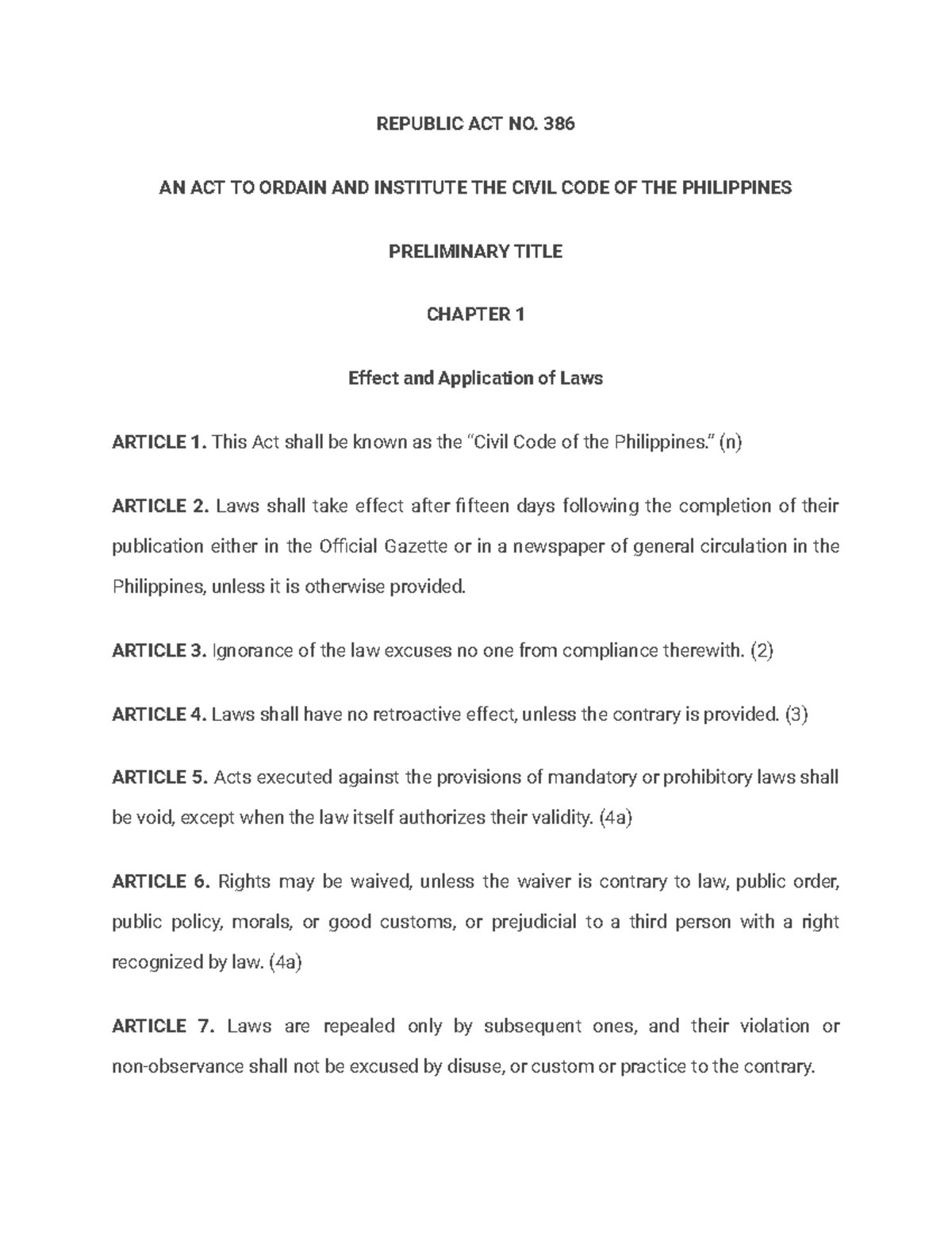 Civil Code Preliminary Title Chapter 1; Effect and Application of Laws ...