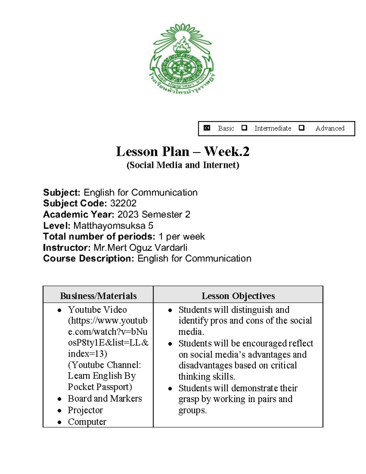 LP:W2 - Social Media - Example of a Weekly Lesson Plan - Lesson Plan ...