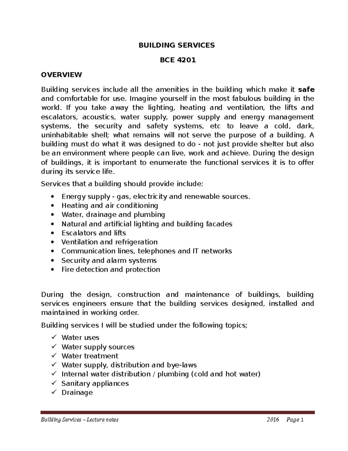 Building Services I hand out - BUILDING SERVICES BCE 4201 OVERVIEW ...