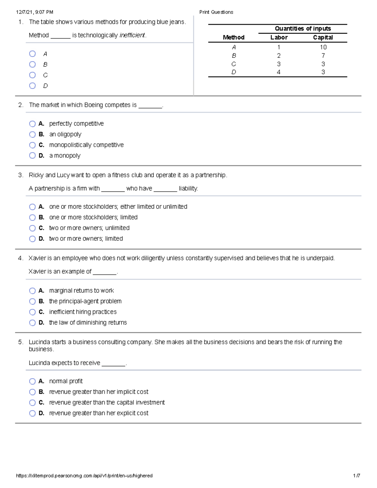 Chapter 10 practice questions - 1. 2. 3. 4. 5. The table shows various ...