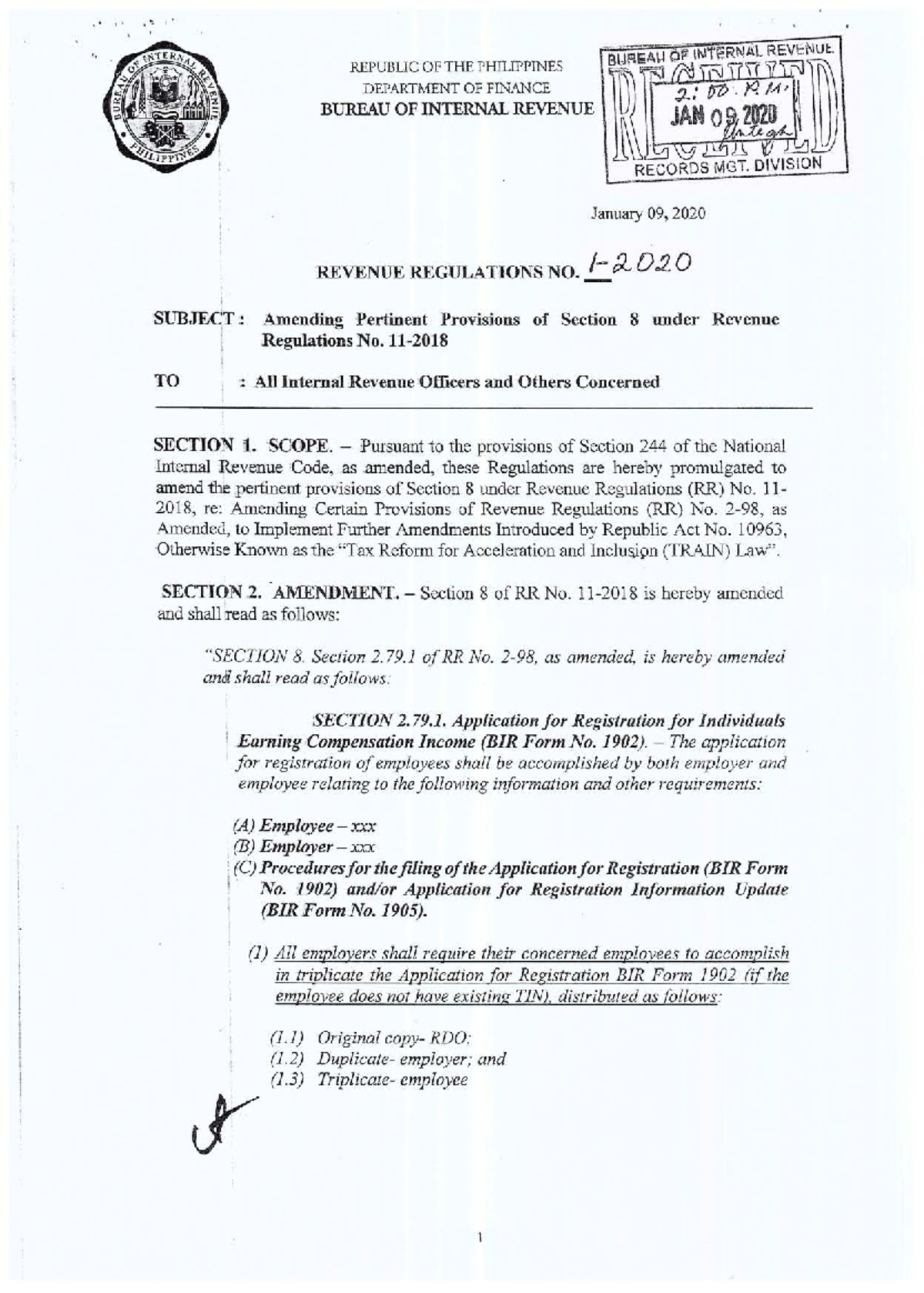 RR NO. 1-2020 - BIR Regulation - BS in Accountancy - Studocu
