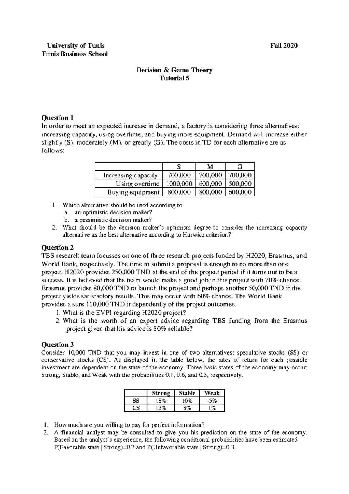 Tutorial 5 Tuto5 University Of Tunis Fall 2020 Tunis Business School Decision And Game Theory