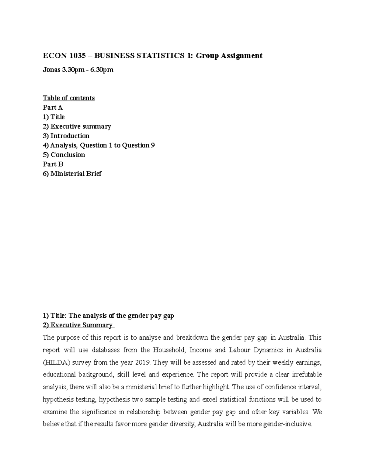 Bus stats assignment 2 - ECON 1035 – BUSINESS STATISTICS 1: Group ...