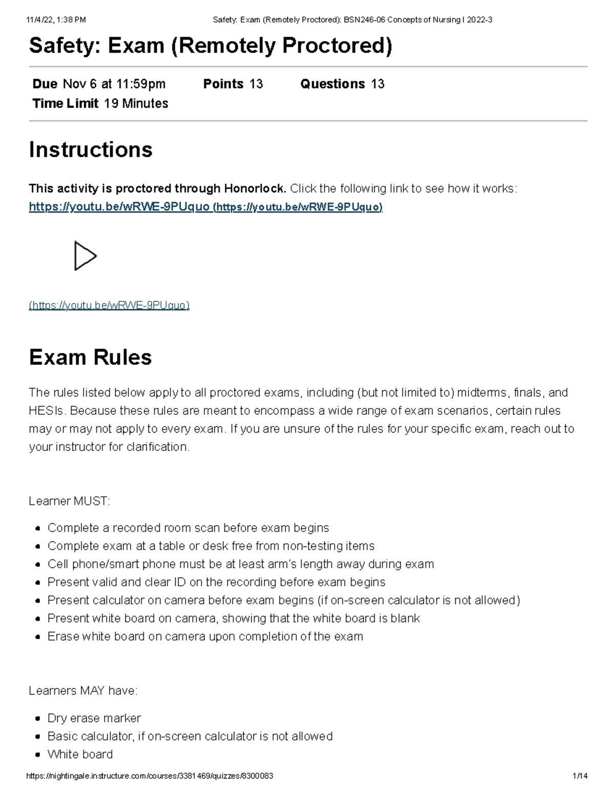 Safety Exam (Remotely Proctored) BSN246-06 Concepts of Nursing I 2022-3 ...