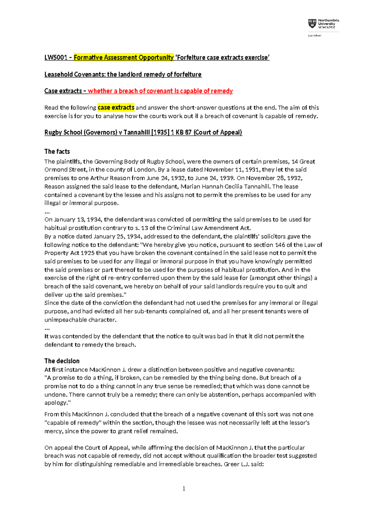 Forfeiture case extracts exercise - prep for seminar 7 - LW5001 ...