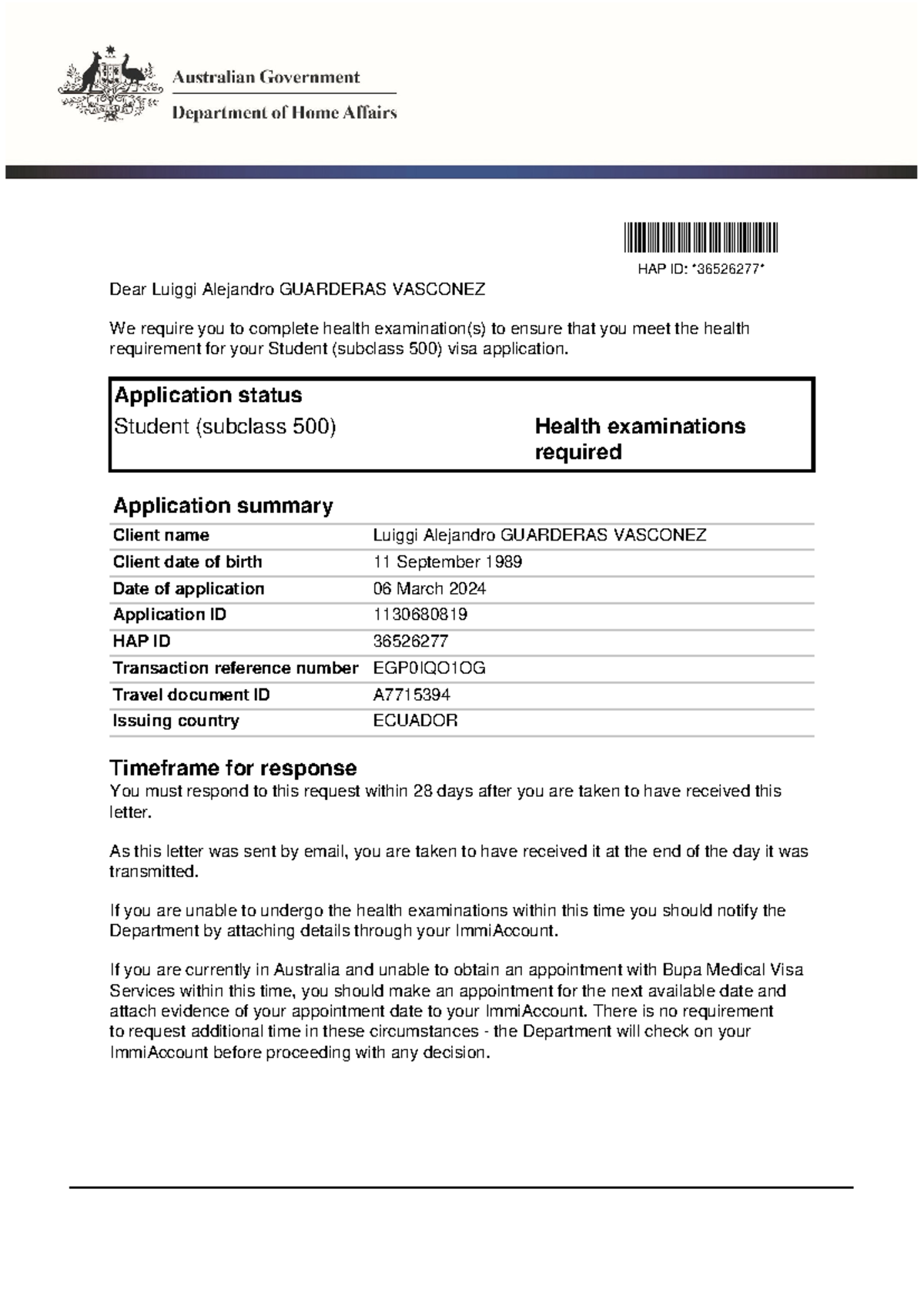 Request for Health Examinations - 36526277 HAP ID: 36526277 Dear Luiggi ...