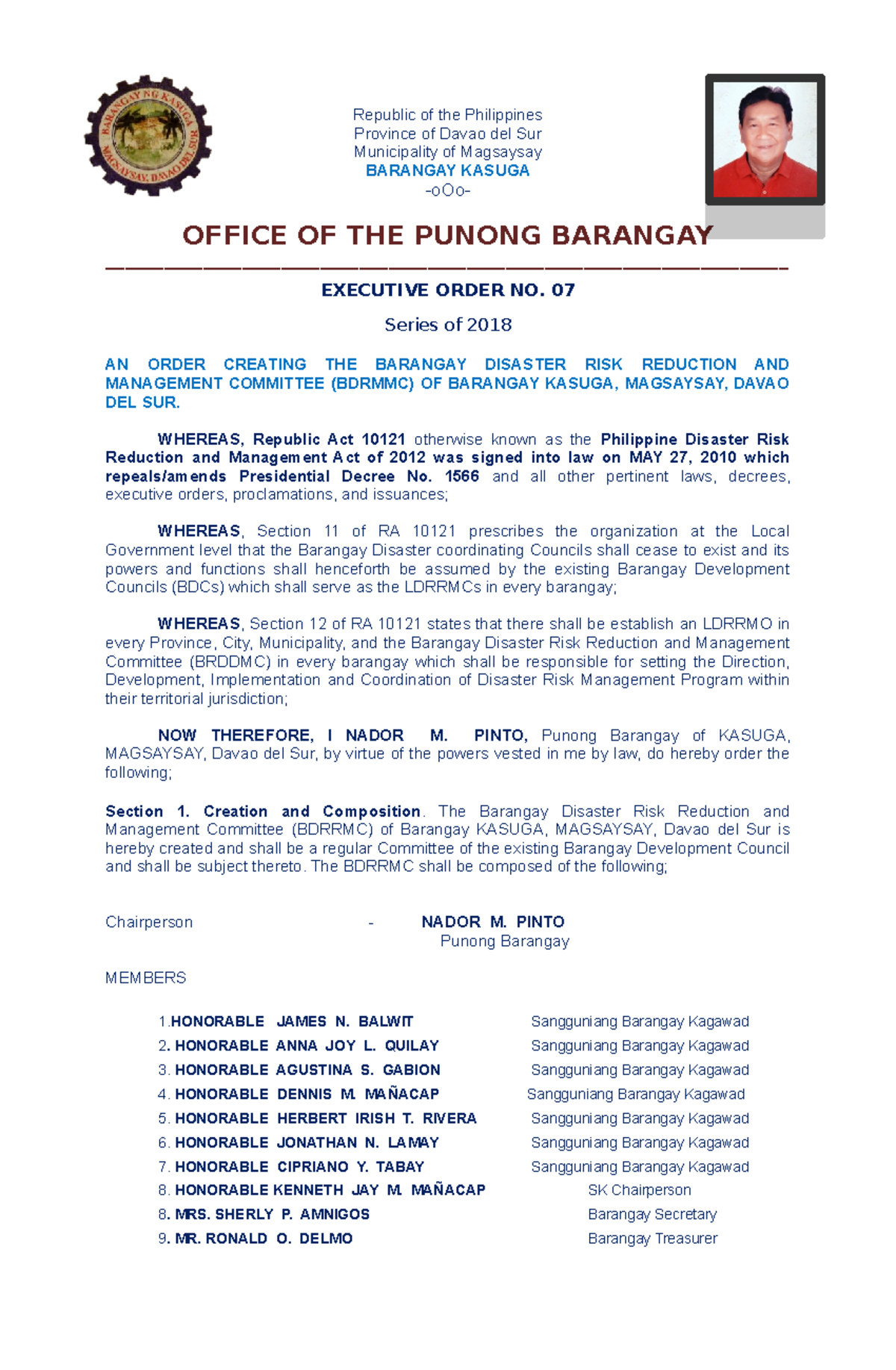 Bdrrm- Executive Order-2018 - Republic of the Philippines Province of ...