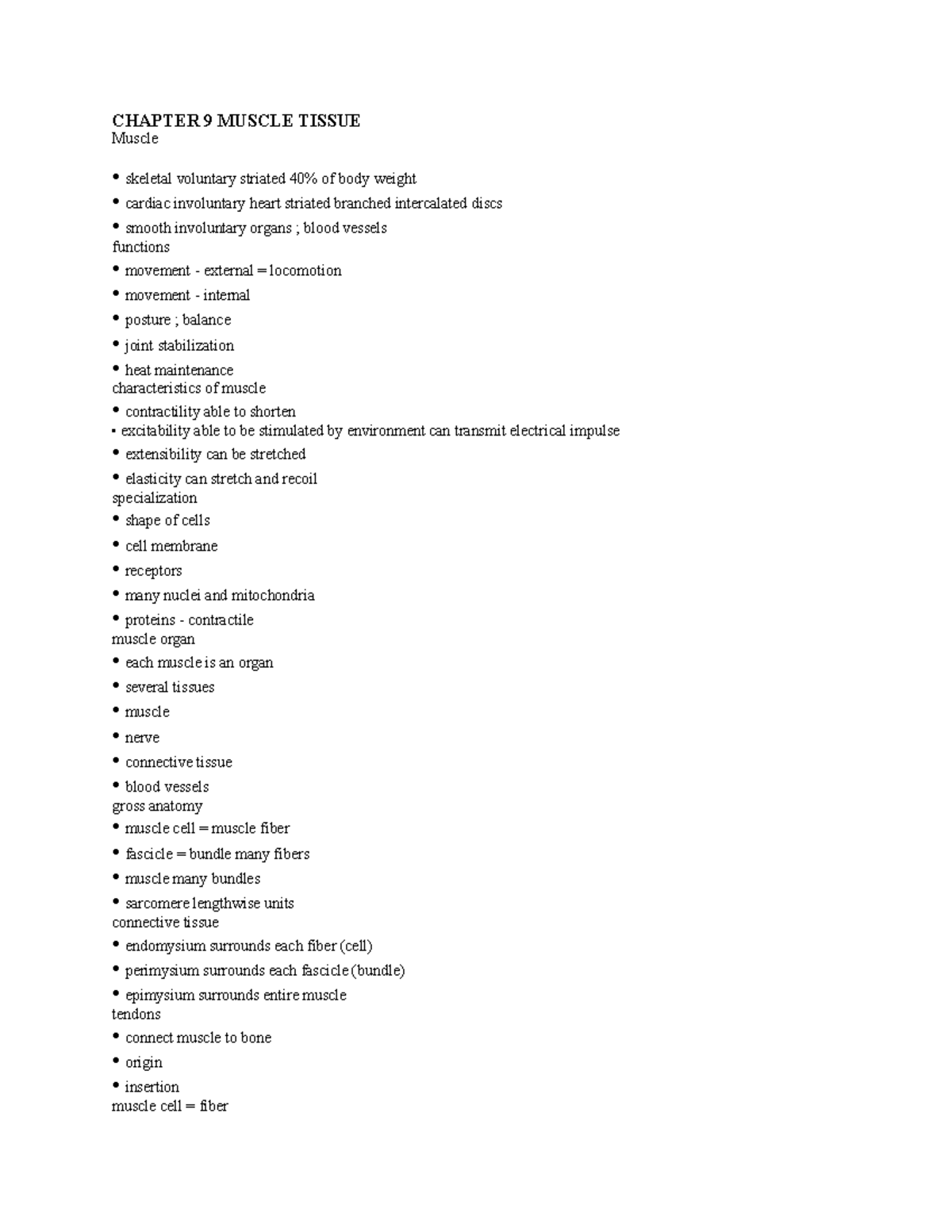 Anat 9 - muscle tissues anatomy class notes - CHAPTER 9 MUSCLE TISSUE ...