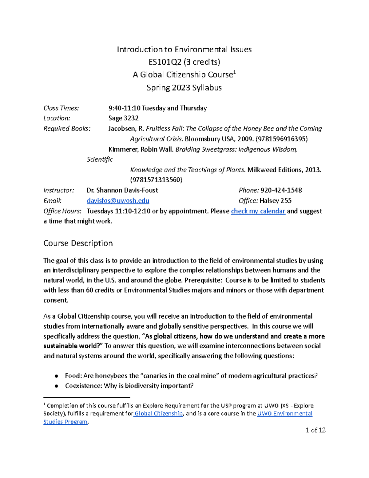ES101Q2 Syllabus Spring 23 Davis-Foust - Introduction to Environmental ...