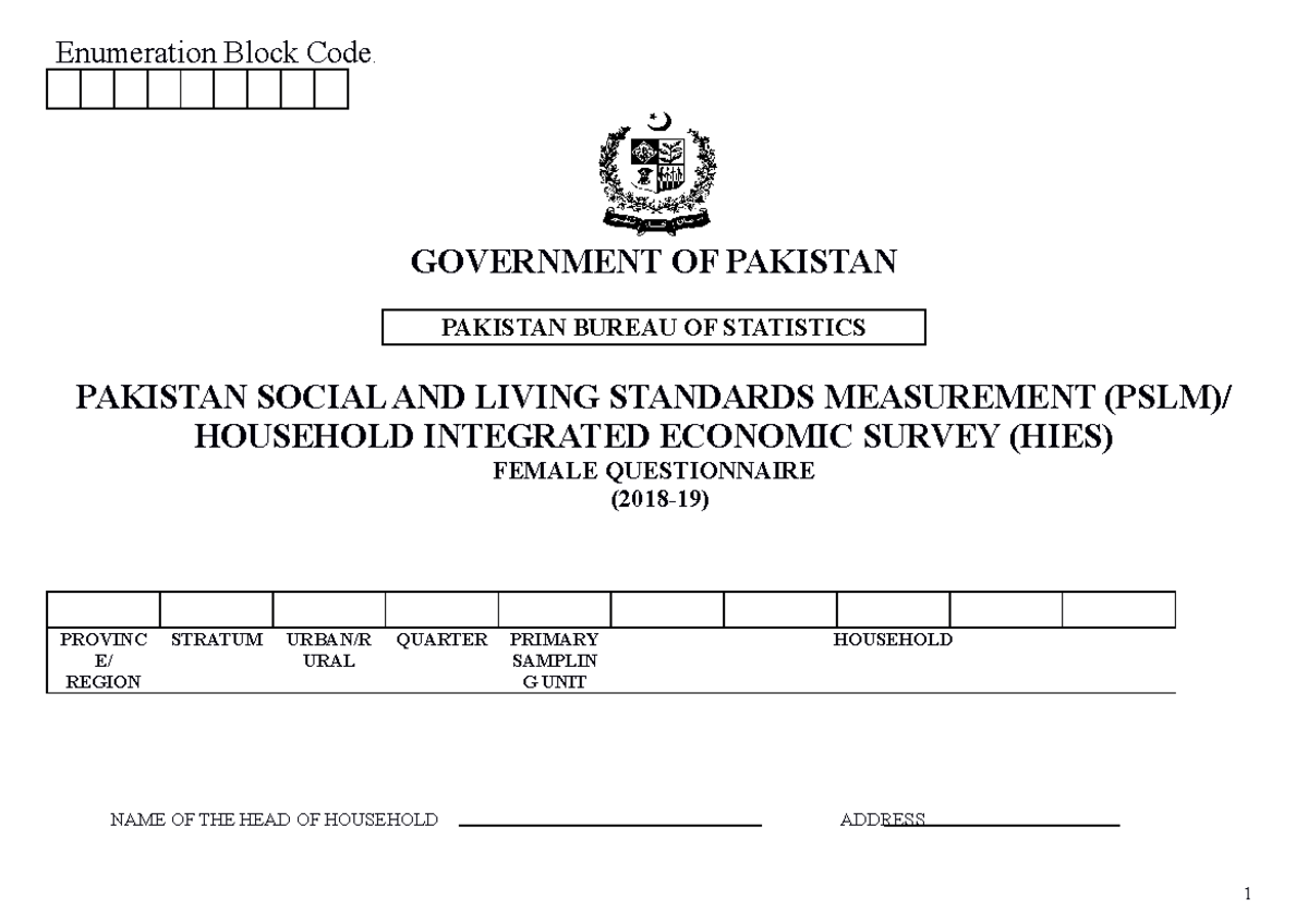 Female questionnaire - helpful questionait - Enumeration Block Code ...