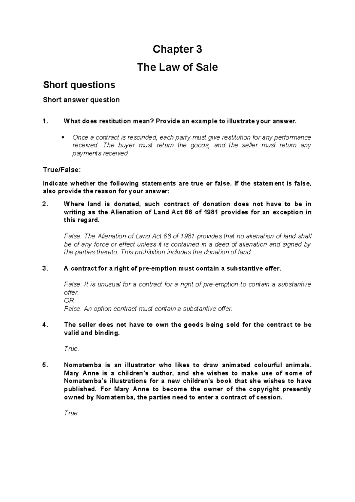 Chapter 3 questions answers - Chapter 3 The Law of Sale Short questions ...