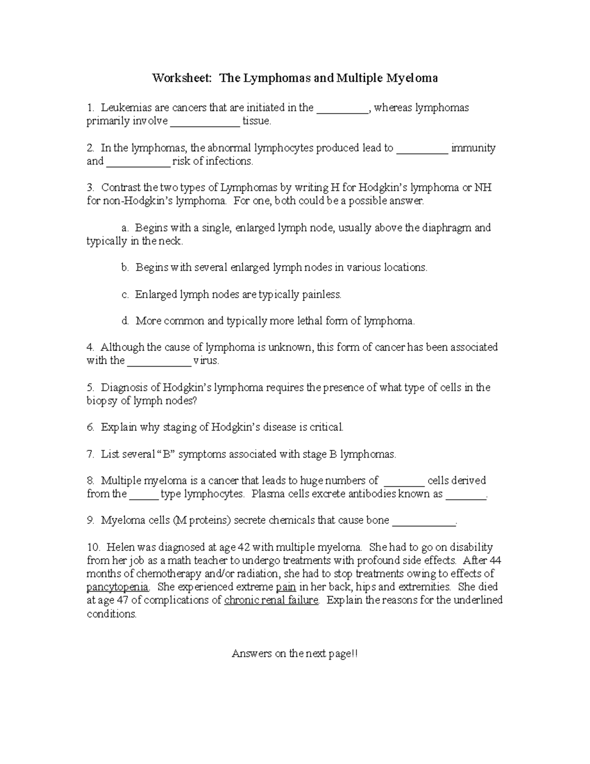 Lymphomas and Multiple Myeloma worksheet spring 2008 - Worksheet: The ...