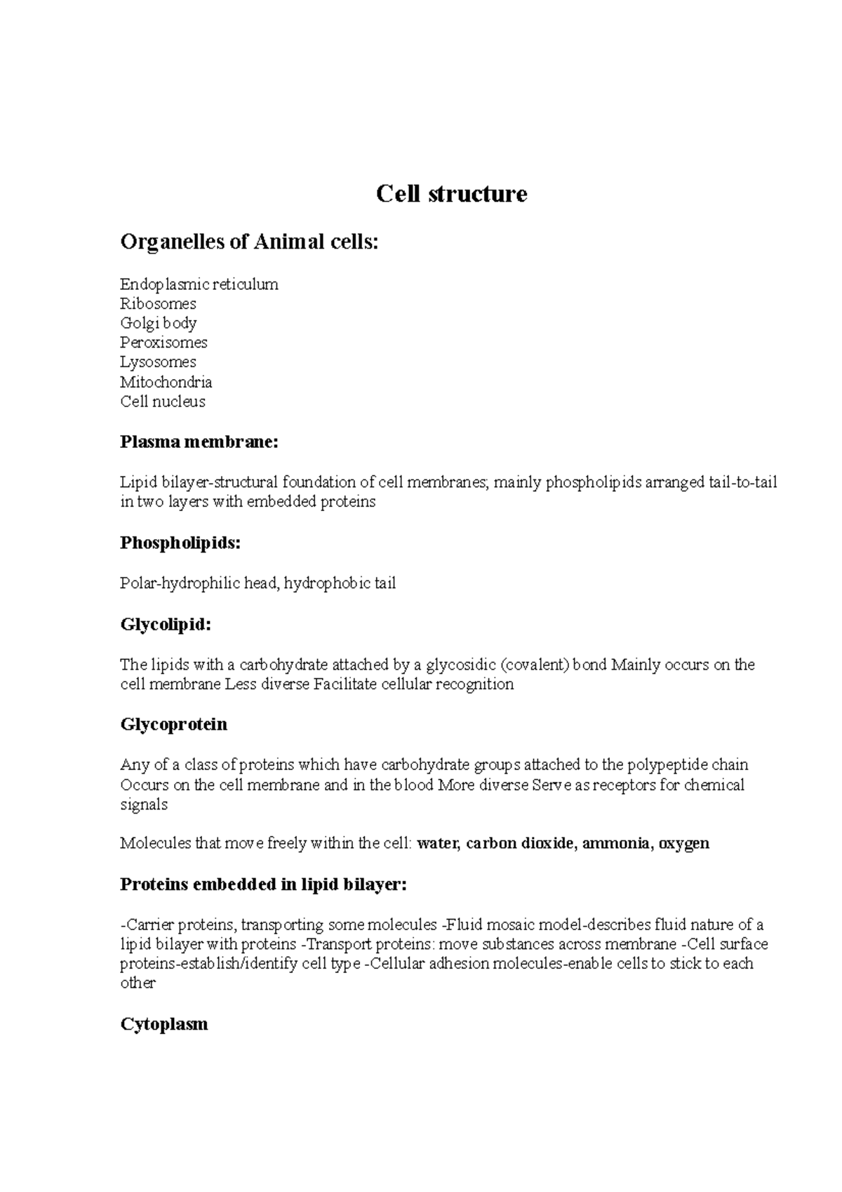 BIOL 101 Cell structure lecture notes - Cell structure Organelles of ...