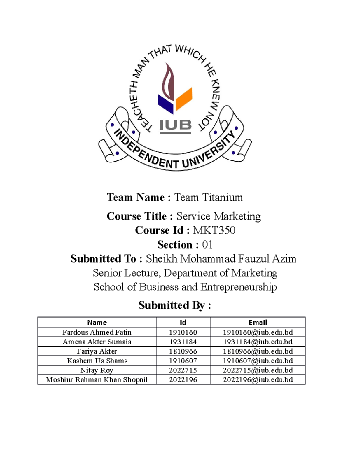 Team Titanium Group no 6 - Team Name : Team Titanium Course Title ...