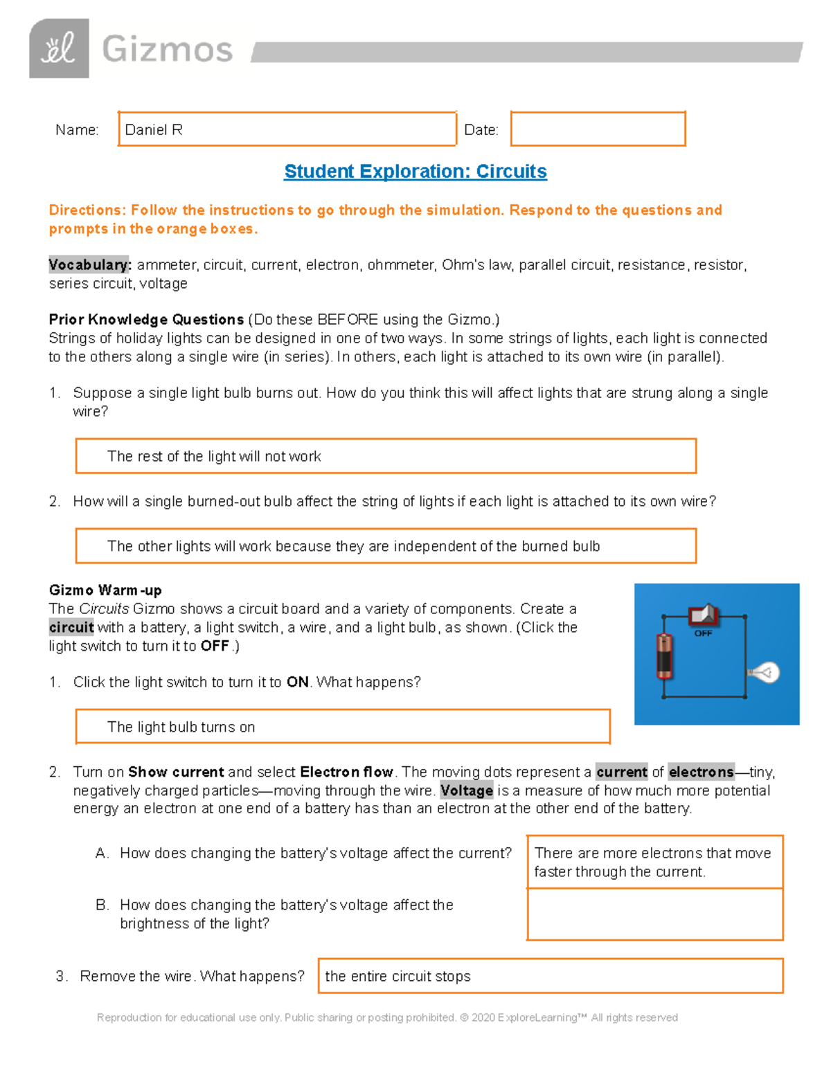 Circuit Gizmo (ANSWERS) - Name: Daniel R Date: Student Exploration ...