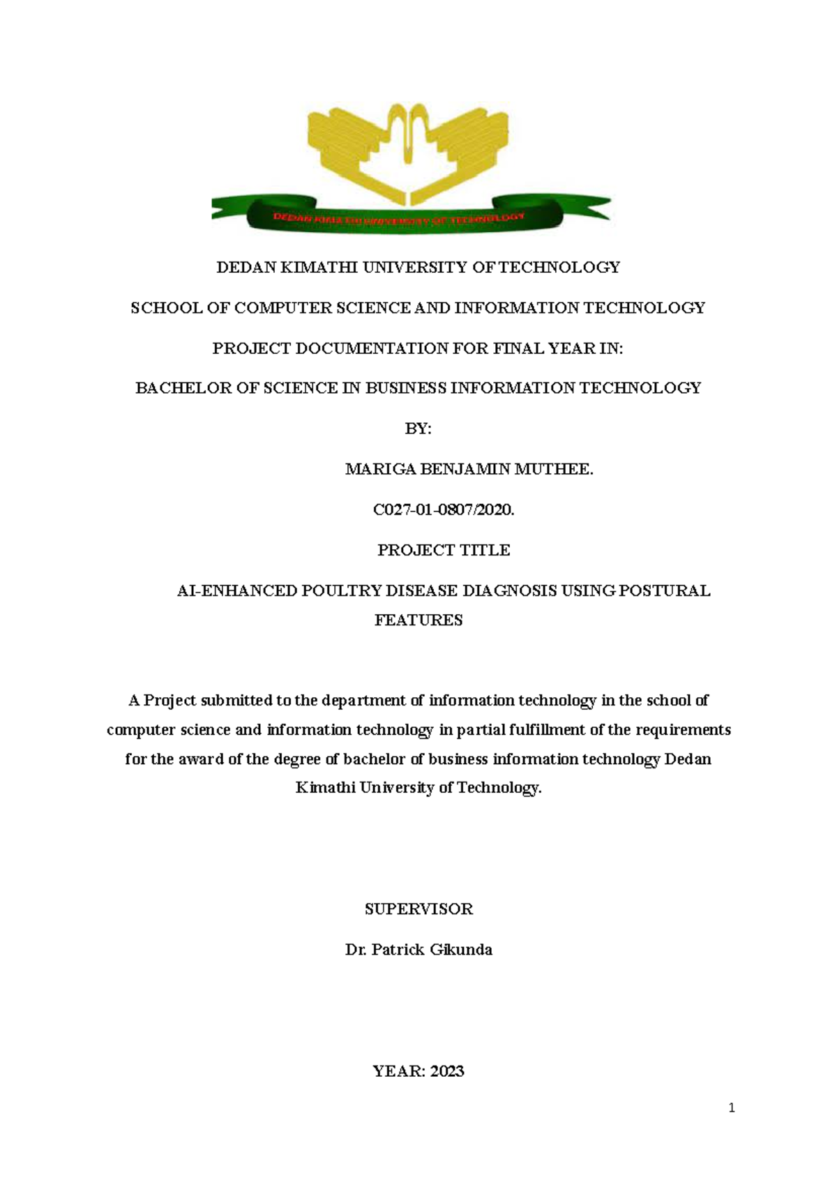 Final project - Summary work - DEDAN KIMATHI UNIVERSITY OF TECHNOLOGY SCHOOL OF COMPUTER SCIENCE ...