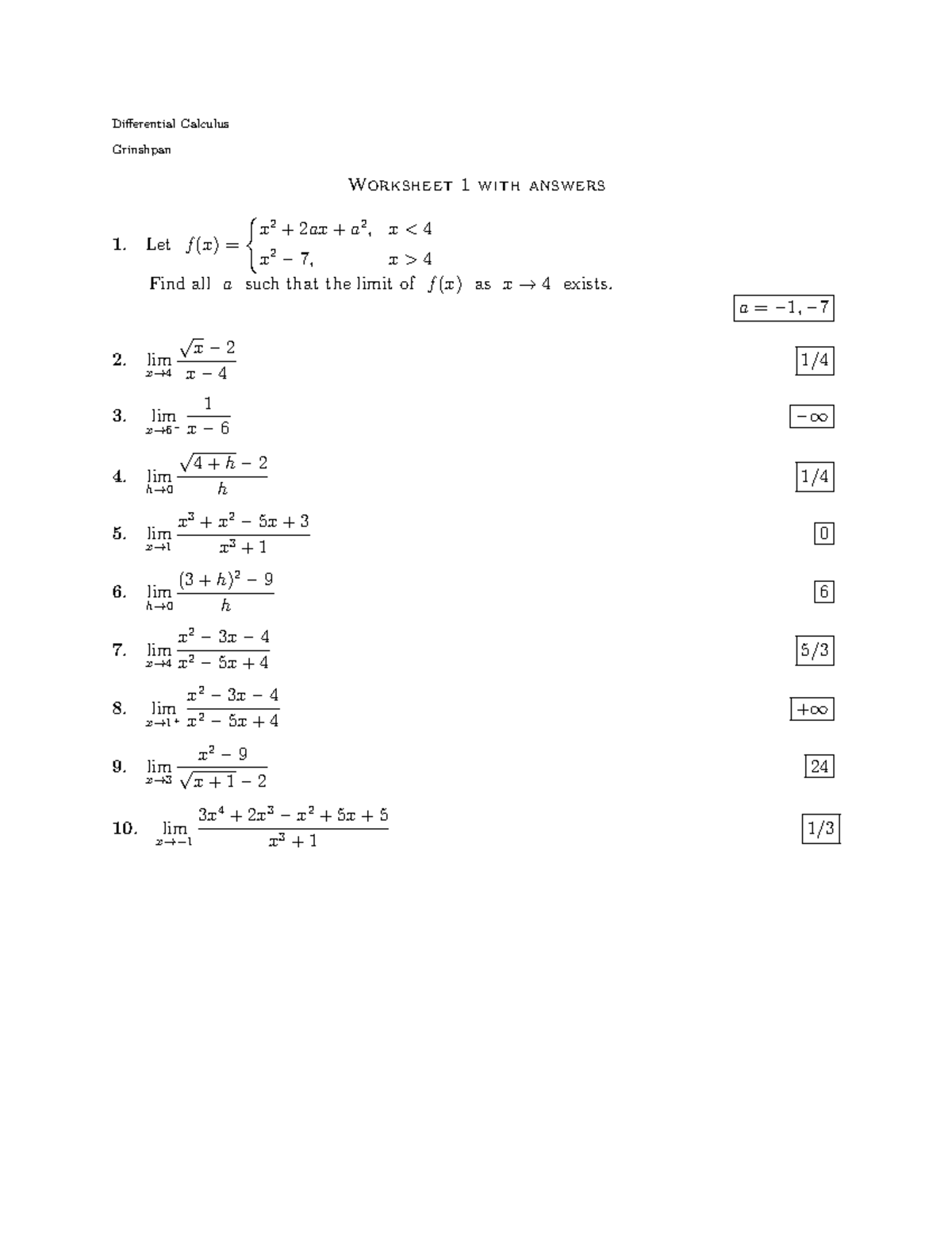 Calculation of Limits answer key - Differential Calculus Grinshpan ...