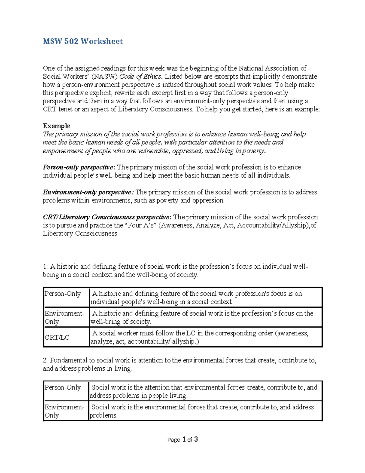MSW Worksheet Module 3 - MSW 502 Worksheet One of the assigned readings ...