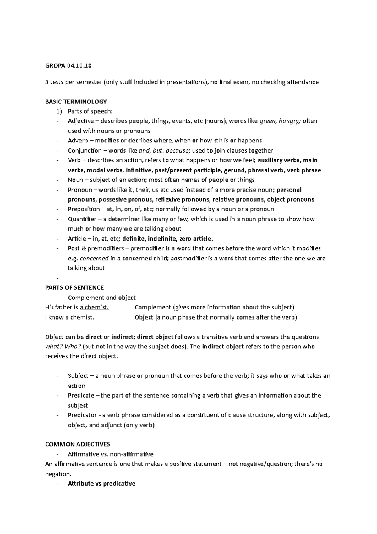 Descriptive grammar of English - GROPA 04.10 3 tests per semester (only ...