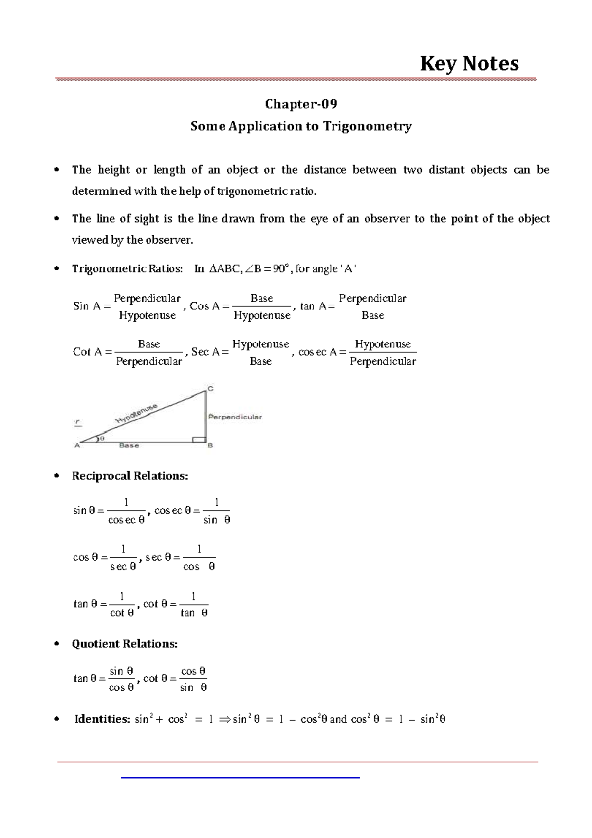 10 maths key notes ch 09 some application to trigonometry Copy - Key ...