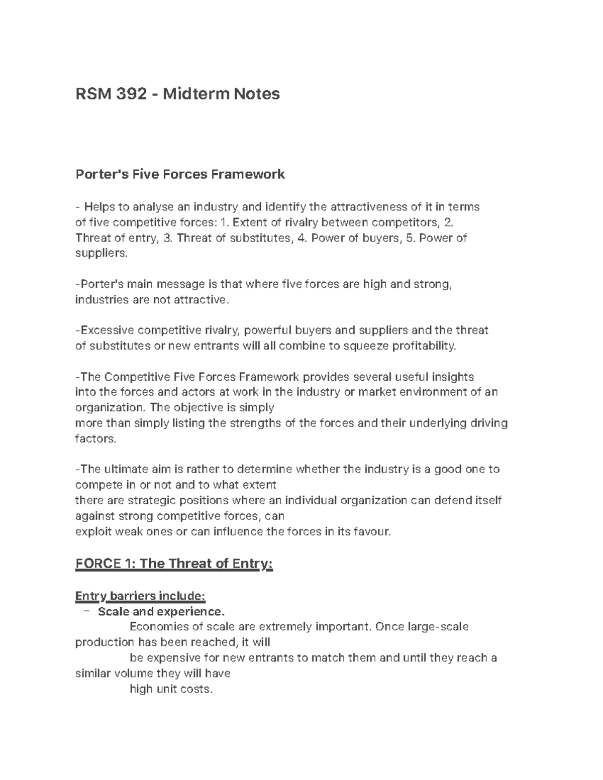 RSM 392 - Midterm Notes - . I. - – RSM 392 - Midterm Notes Porter's ...