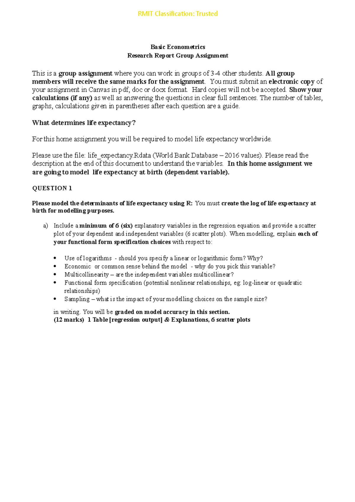 Basic Econometrics Assignment Group 9 - Basic Econometrics Research Report Group Assignment This ...