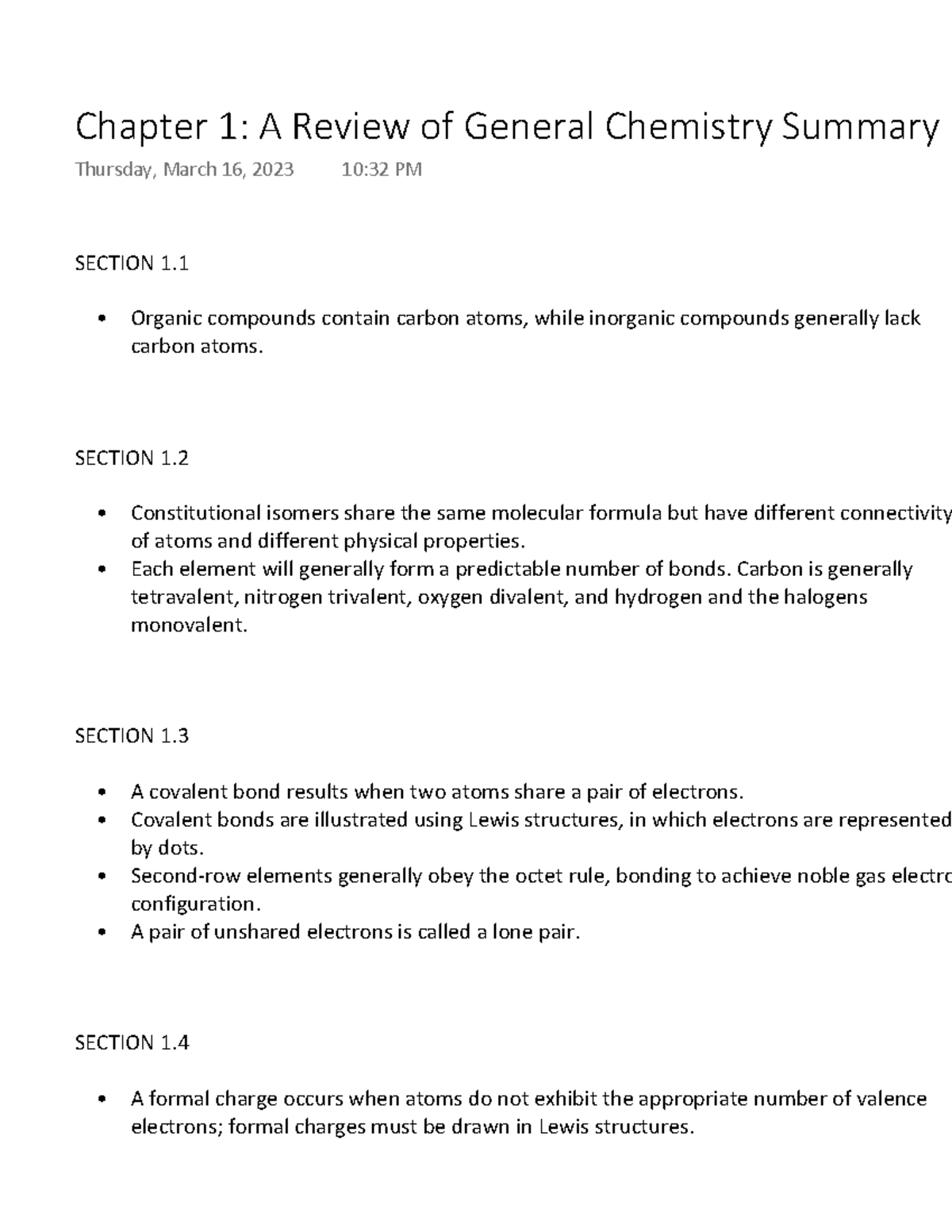 Chapter 1: A Review of General Chemistry Summary - SECTION 1. Organic ...