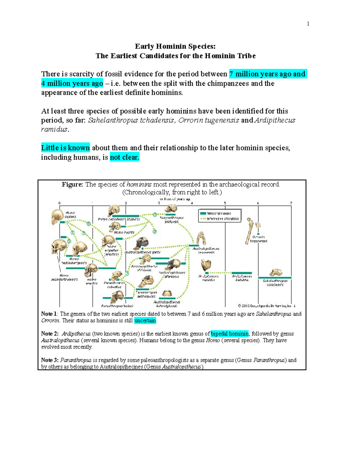 Early Hominin Species - notes - Early Hominin Species: The Earliest ...