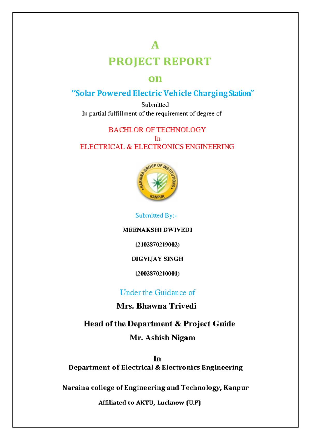 Meenakshi Project - A PROJECT REPORT on ‘‘Solar Powered Electric ...
