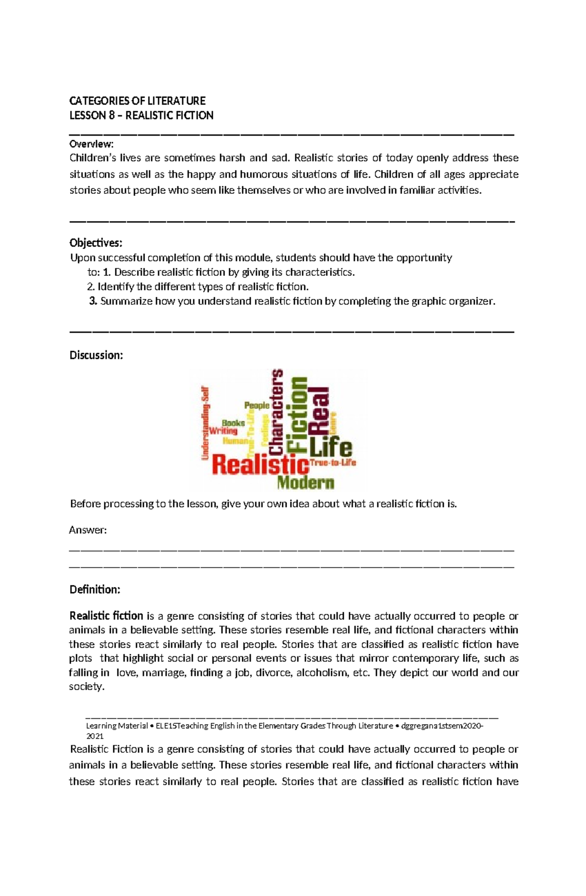 Lesson 8 - Realistic Fiction - CATEGORIES OF LITERATURE LESSON 8 ...