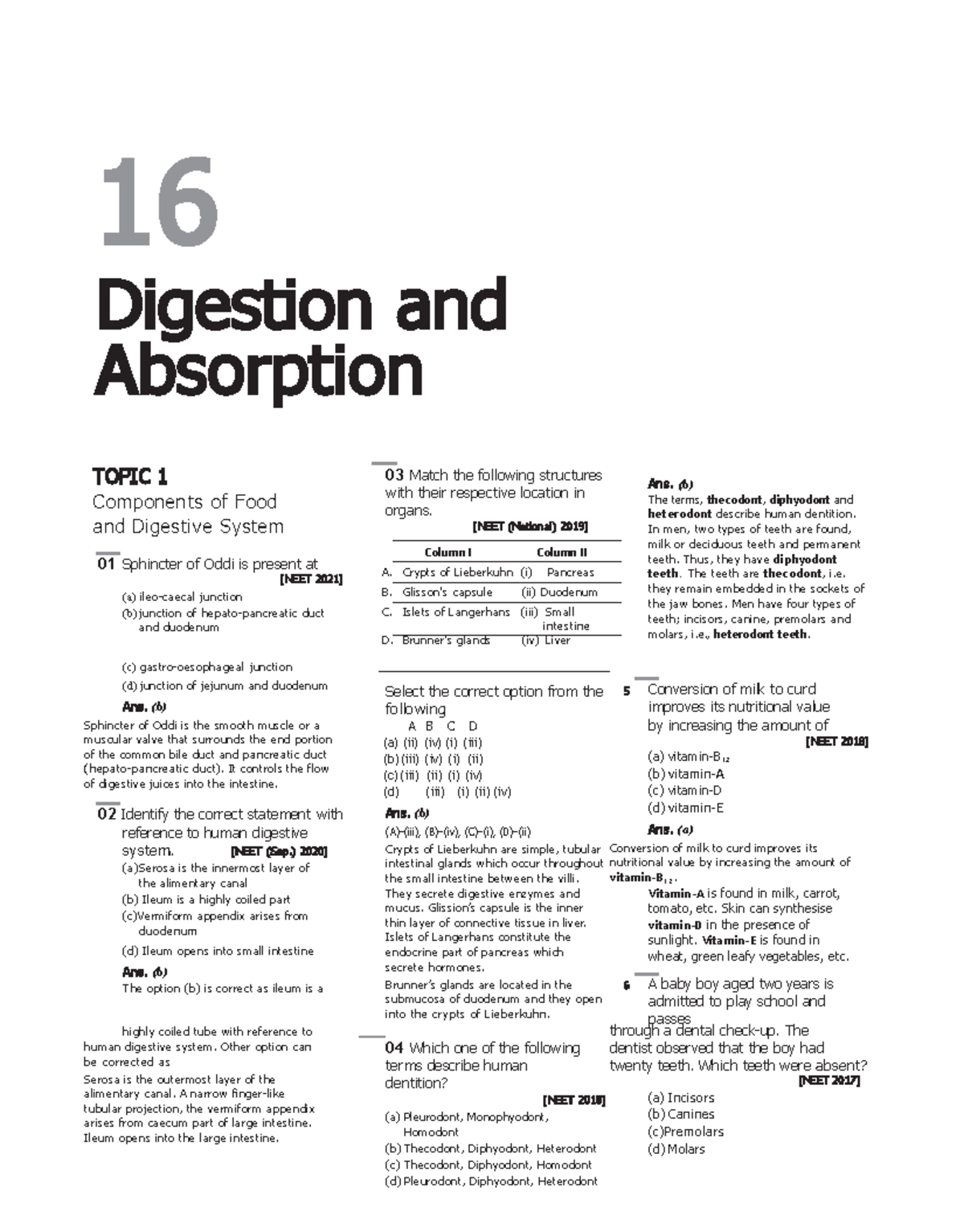 Digestion and Absorption Test - 16 Digestion and Absorption TOPIC 1 ...