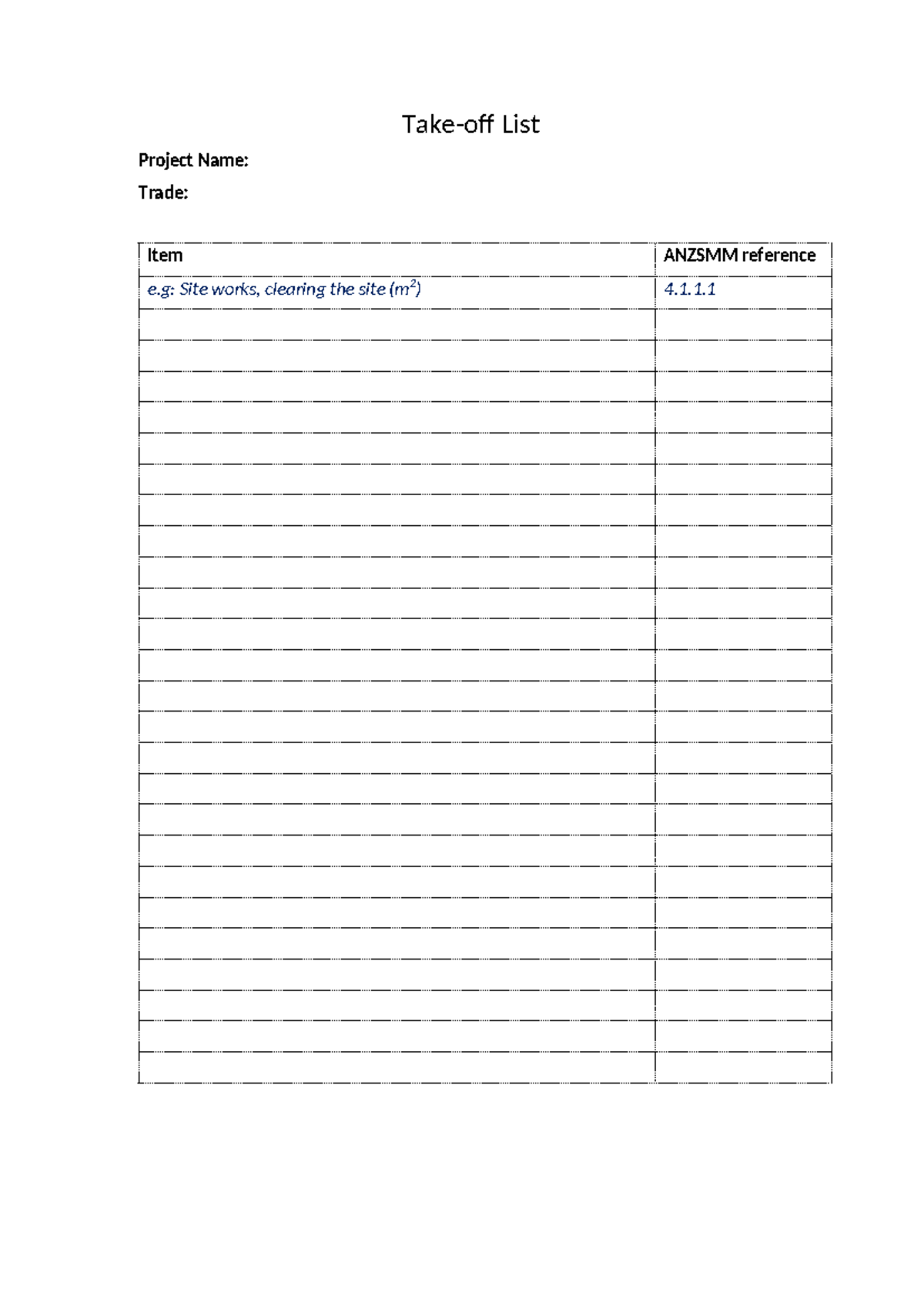 Take off list template with an example - 200009 - Take-off List Project ...
