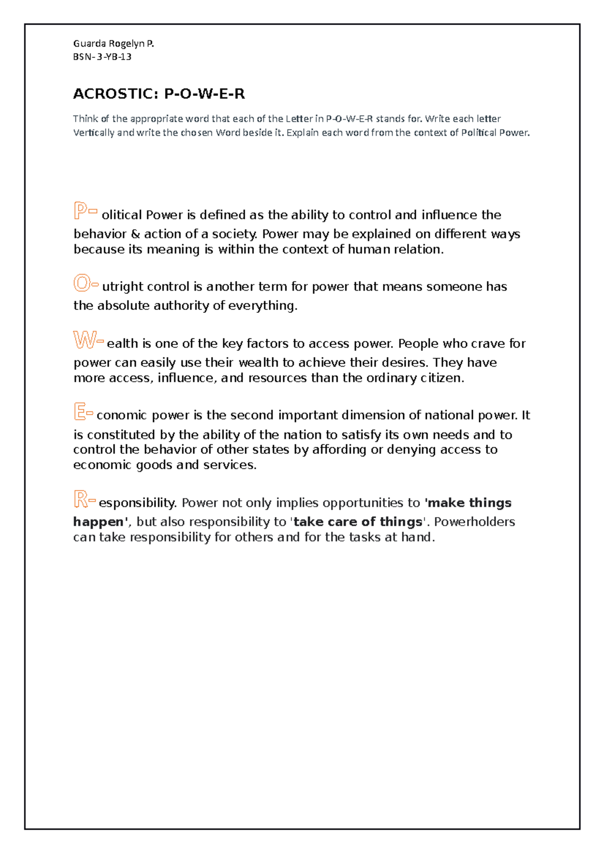 Acrostic - assignment - Guarda Rogelyn P. BSN- 3-YB- ACROSTIC: P-O-W-E ...