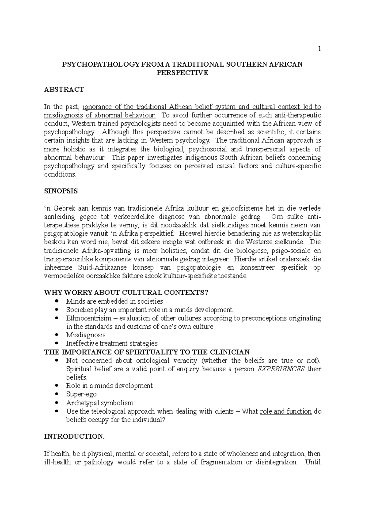 African Perspectives - 1 PSYCHOPATHOLOGY FROM A TRADITIONAL SOUTHERN ...