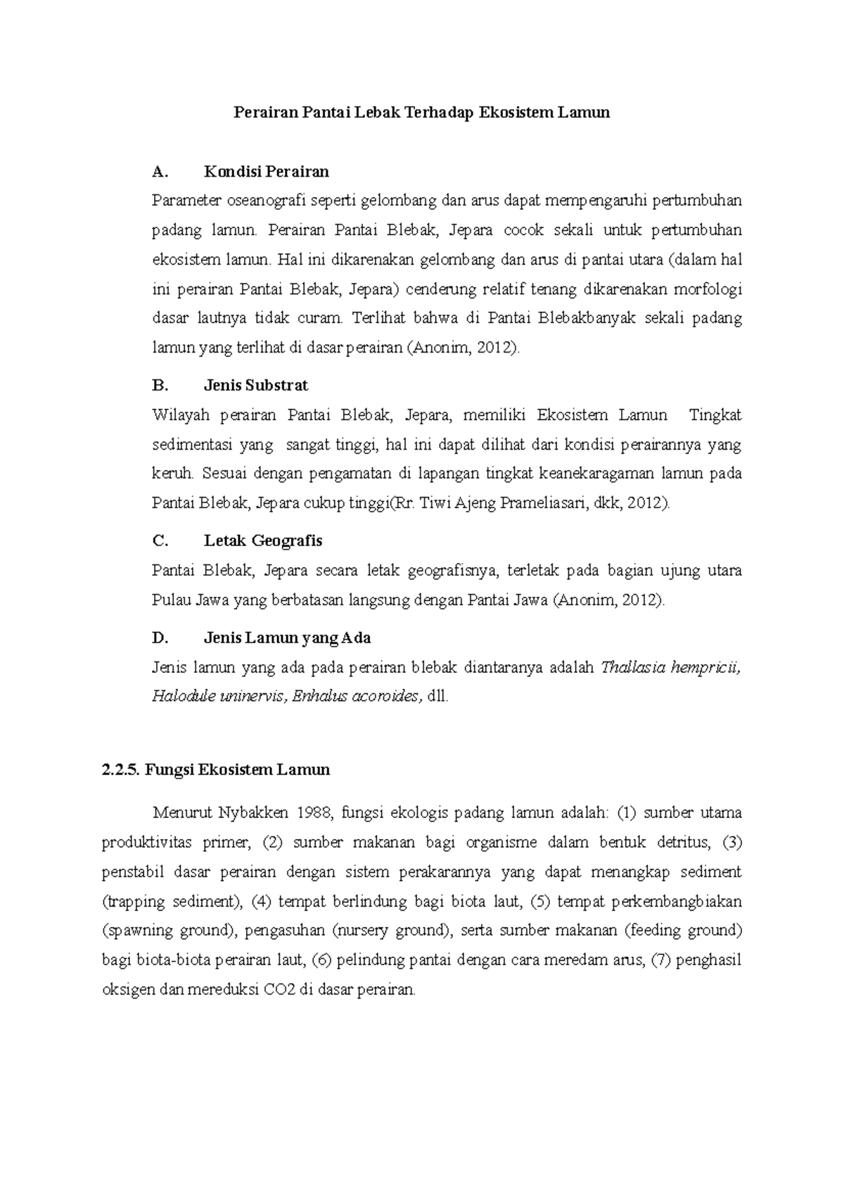 Perairan Pantai Lebak Terhadap Ekosistem Lamun - Kondisi Perairan ...