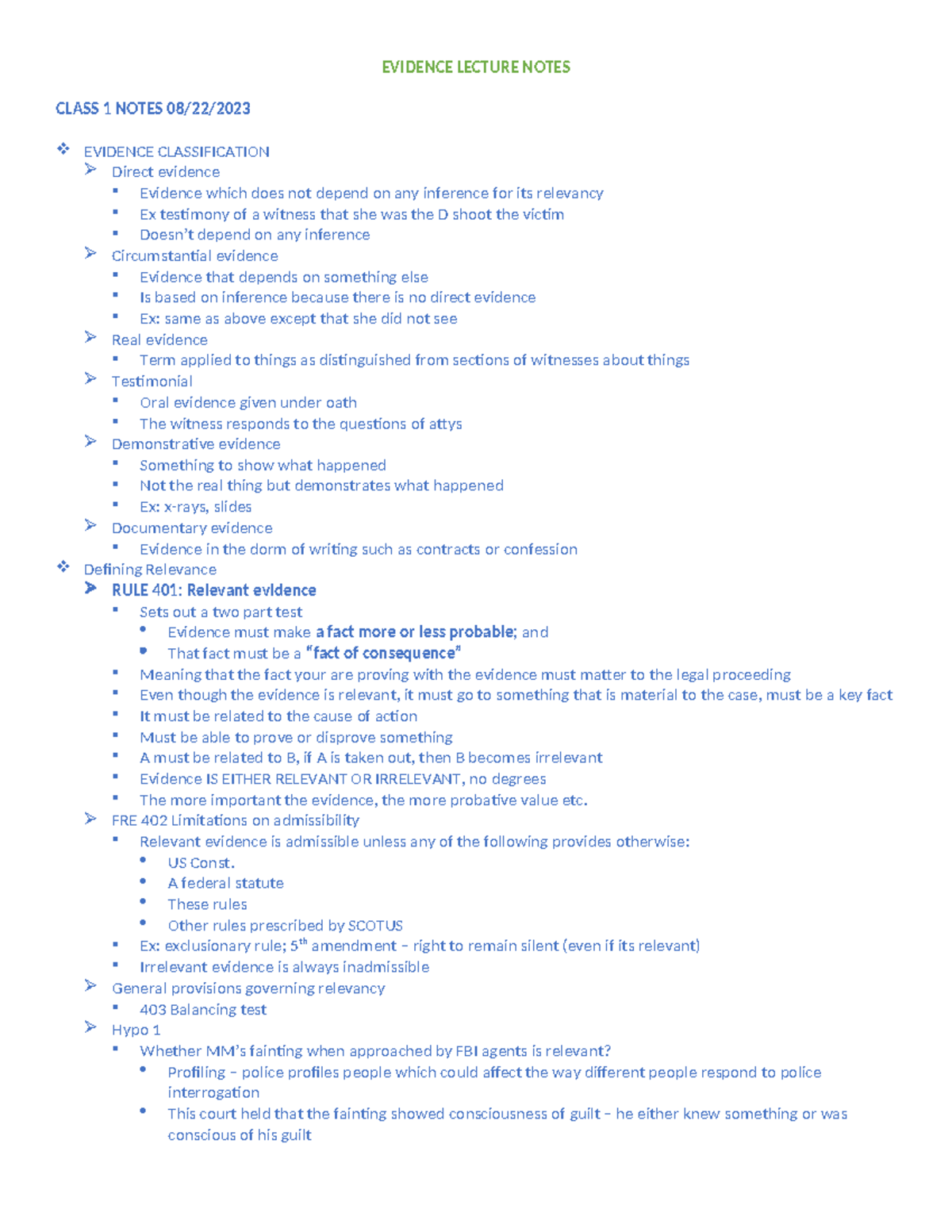 Evidence Notes - EVIDENCE LECTURE NOTES CLASS 1 NOTES 08/22/ EVIDENCE ...