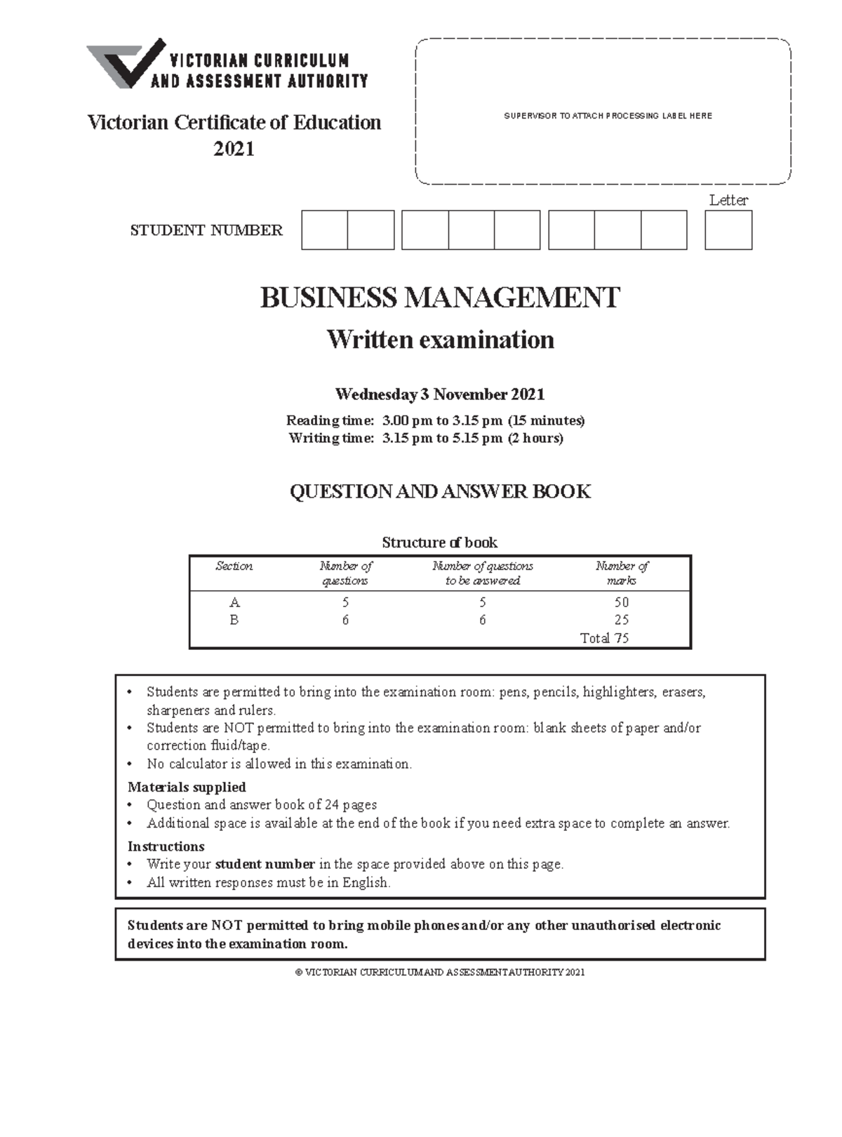 Practise exam - BUSINESS MANAGEMENT Written examination Wednesday 3 ...