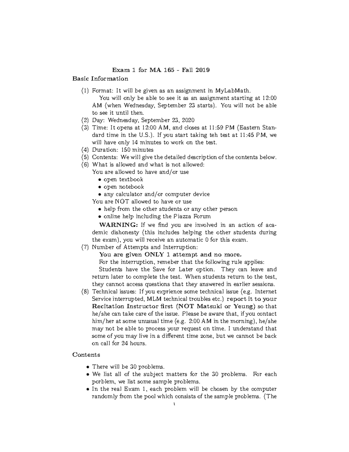 exam 1 engr 131 - Exam 1 for MA 165 - Fall 2019 Basic Information (1) Format: It will be given ...