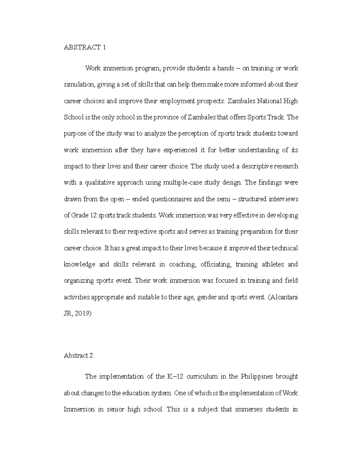 Abstract.. oah cliff - ABSTRACT 1 Work immersion program, provide ...