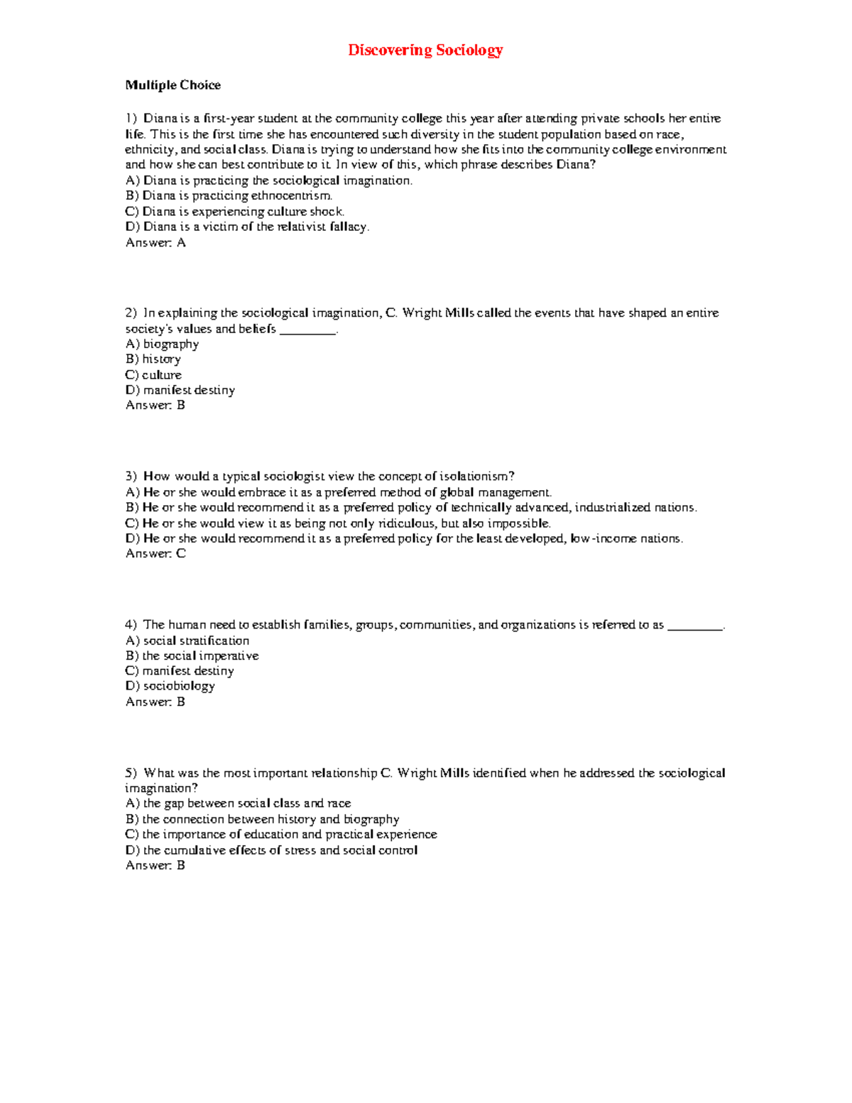 MULTIPLE CHOICE QUESTIONS Discovering Sociology - Discovering Sociology ...