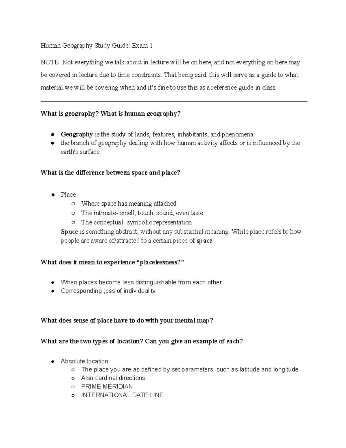 Exam 1 study guide - Lecture notes 1-20 - Human Geography Study Guide ...
