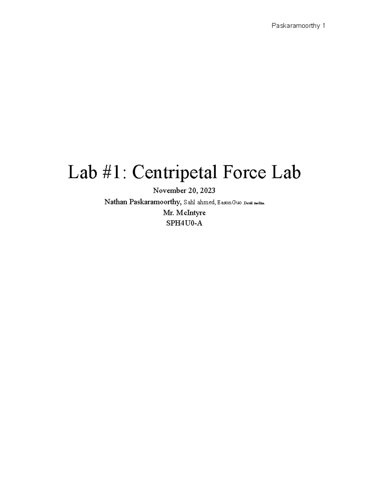Centripetal Force Physics lab - Lab #1: Centripetal Force Lab November ...