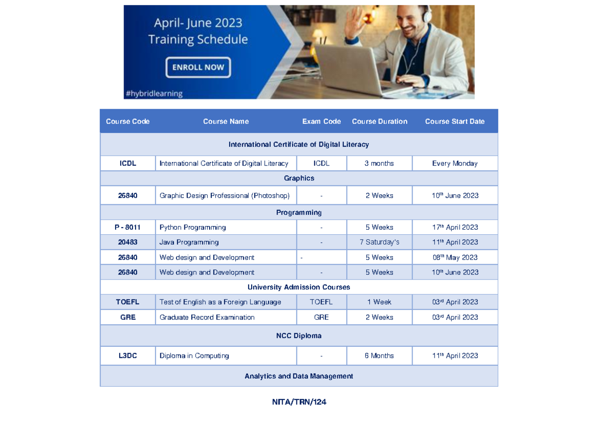 April June Training Schedule 2023 - NITA/TRN/ Course Code Course Name ...