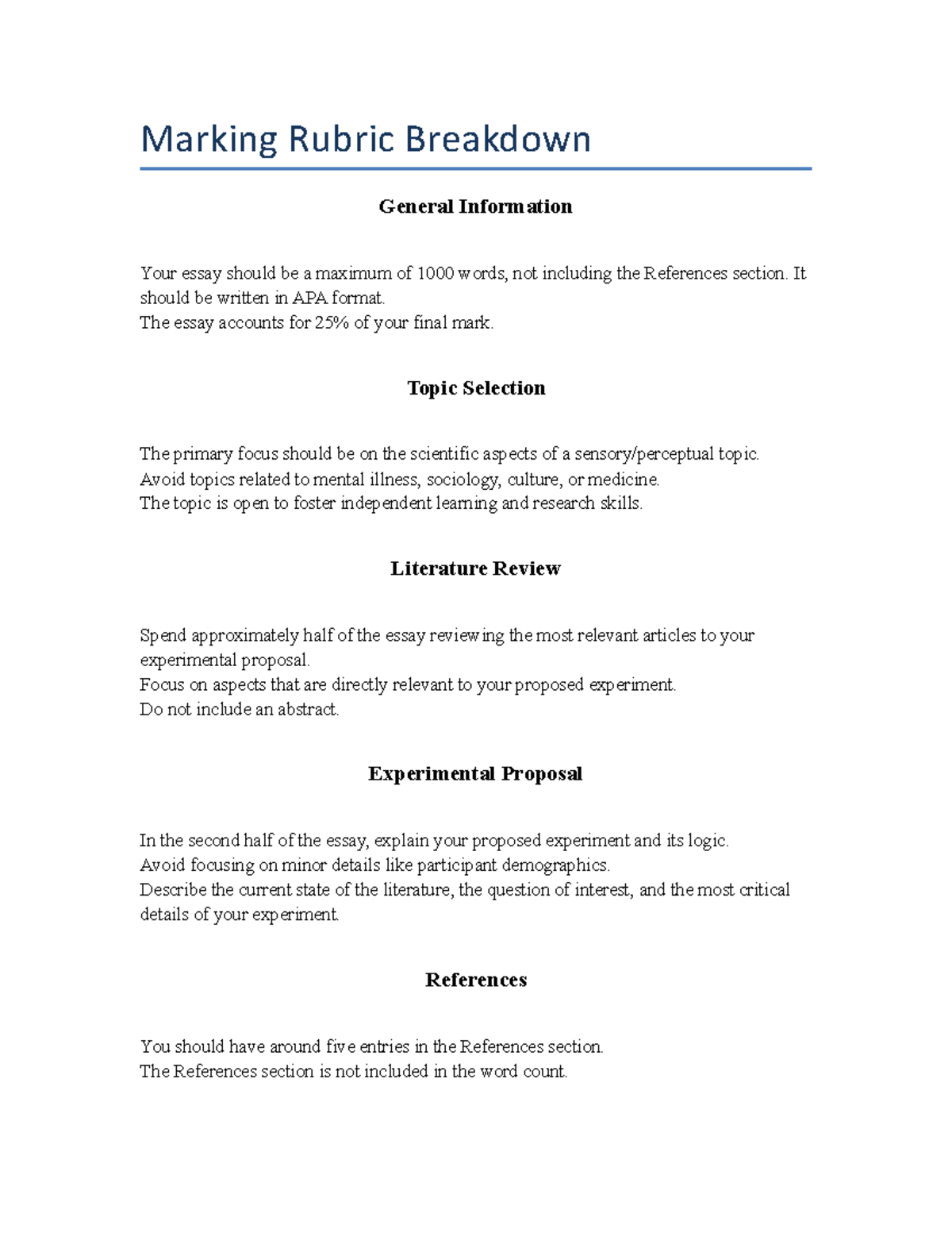 Marking Rubric Breakdown - Marking Rubric Breakdown General Information ...