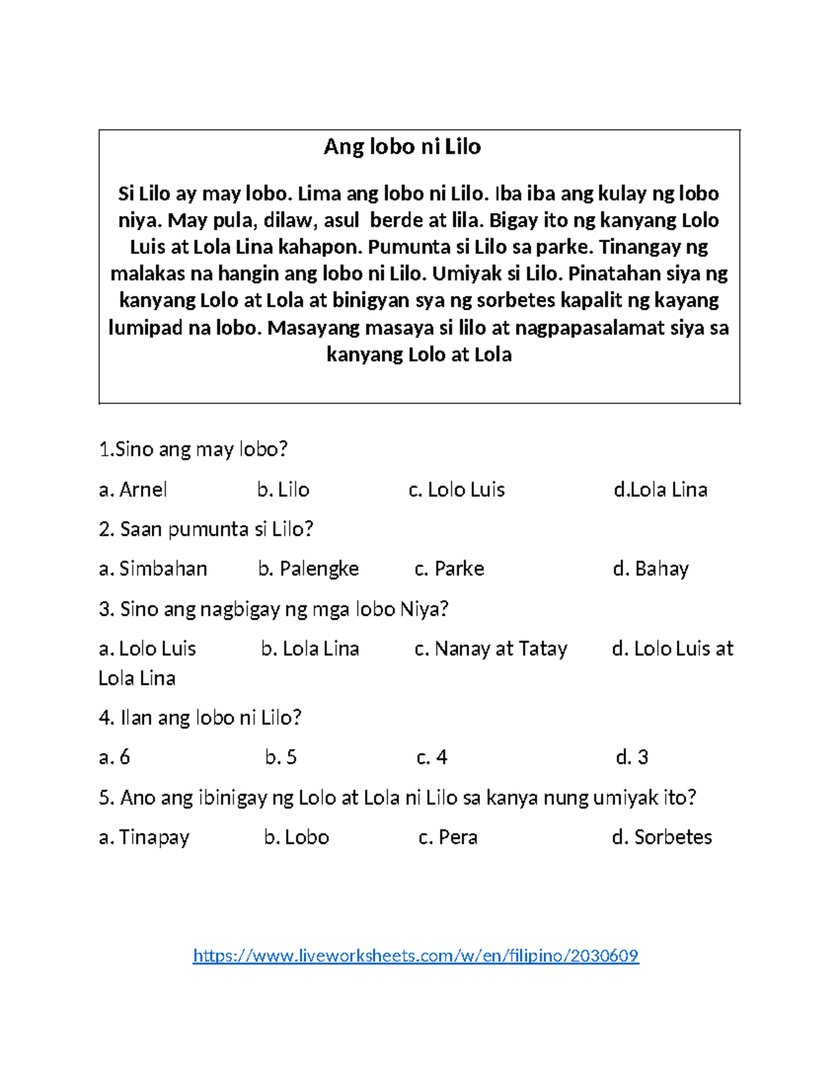 Proyekto-sa-filipino - Ang lobo ni Lilo Si Lilo ay may lobo. Lima ang ...