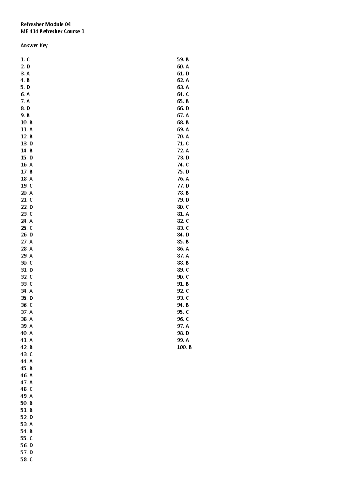 Refresher Module 04 Answer Key - Refresher Module 04 ME 414 Refresher ...