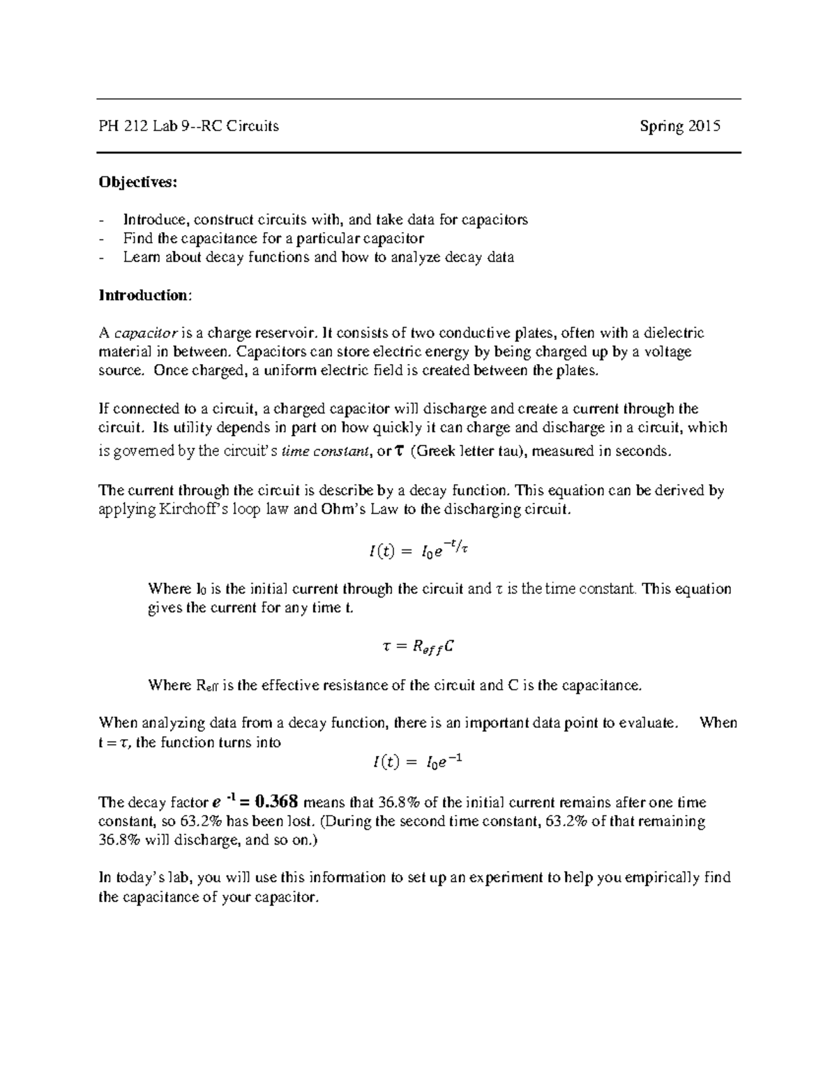 PH 212 Lab 9 RC Circuits - PH 212 Lab 9-RC Circuits Spring 2015 ...